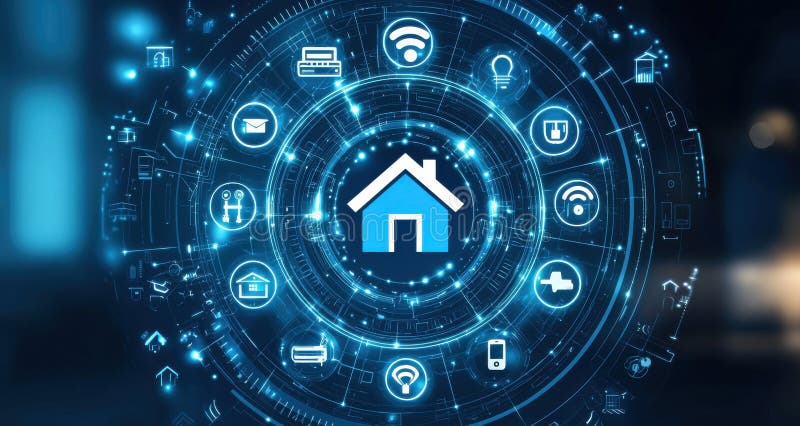 Futuristic Smart Home Interface with Digital Technology Icons Stock ...
