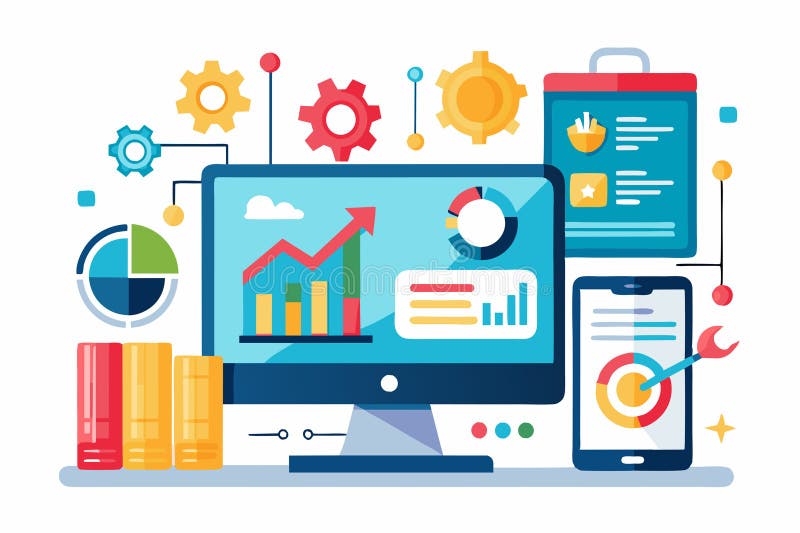 A Vibrant Digital Interface Shows Analytics Trends with Charts, Gear ...