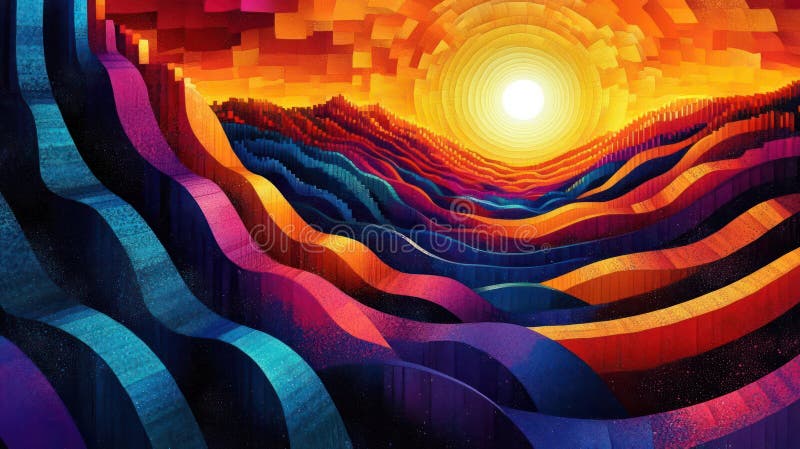 A Vibrant Digital Landscape Depicting Waves of Color Under a Bright Sun ...