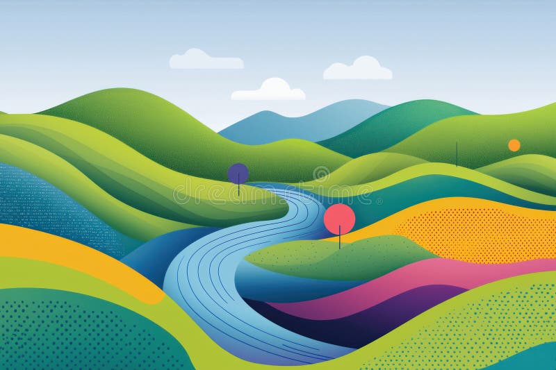Vibrant Digital Landscape Featuring Flowing Rivers and Rolling Hills ...