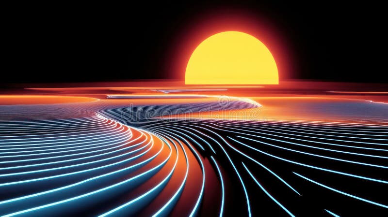 Abstract Neon Sunset Landscape: Serene Curves and Vibrant Hues Stock ...