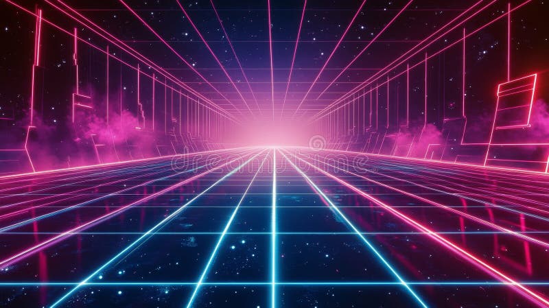 Retro Futuristic Grid Landscape Glowing Horizon Starry Sky Backdrop ...