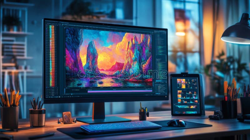 Vibrant Digital Landscape on a Modern Computer Setup Stock Illustration ...