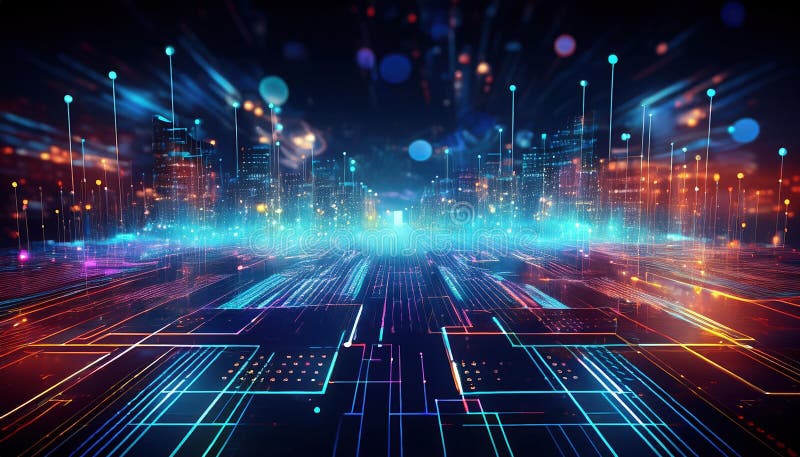 Vibrant Digital Landscape Showcasing Futuristic City with Holographic ...