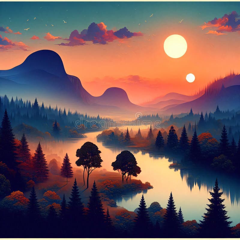 A Vibrant Digital Landscape of a Sunset Over Mountains and a River ...