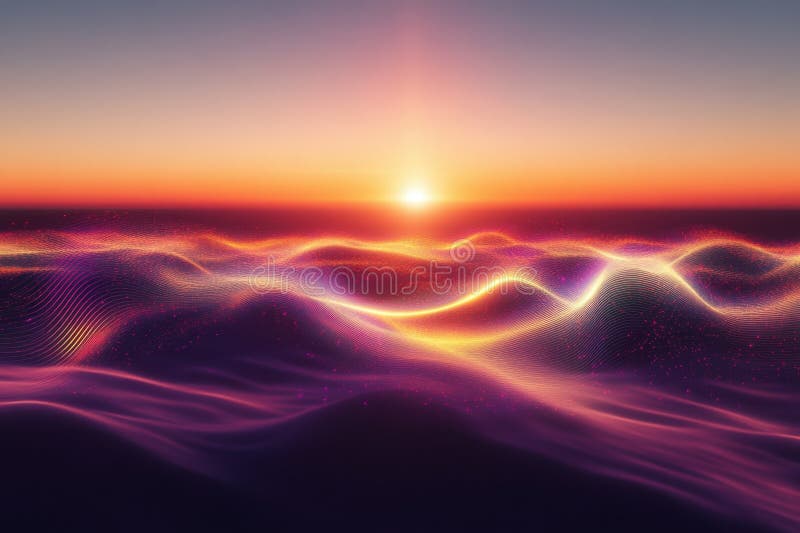 Vibrant Digital Landscape with Waves and Sunset Hues Creating a ...
