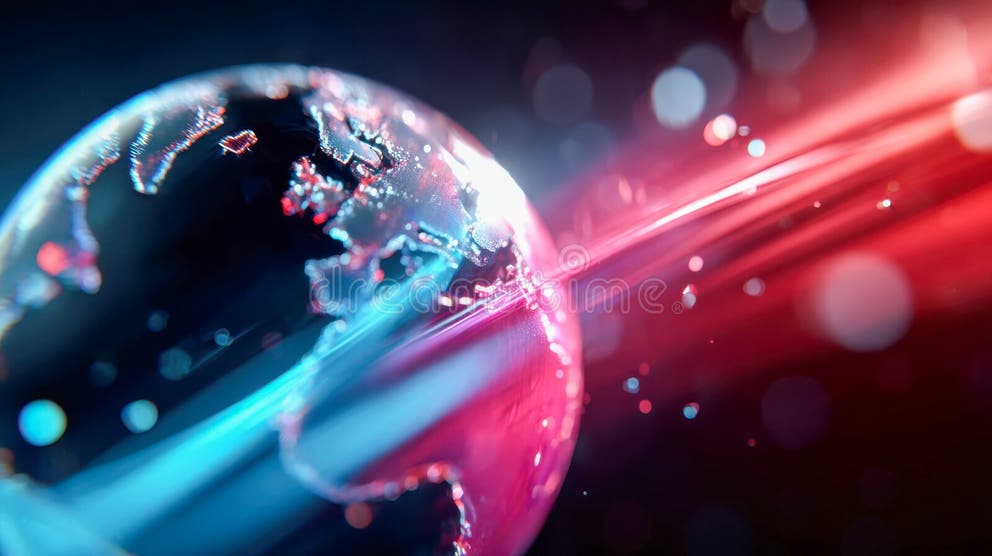 Vibrant Digital Light Trails Encircle a Glowing 3D Globe of Earth Stock ...