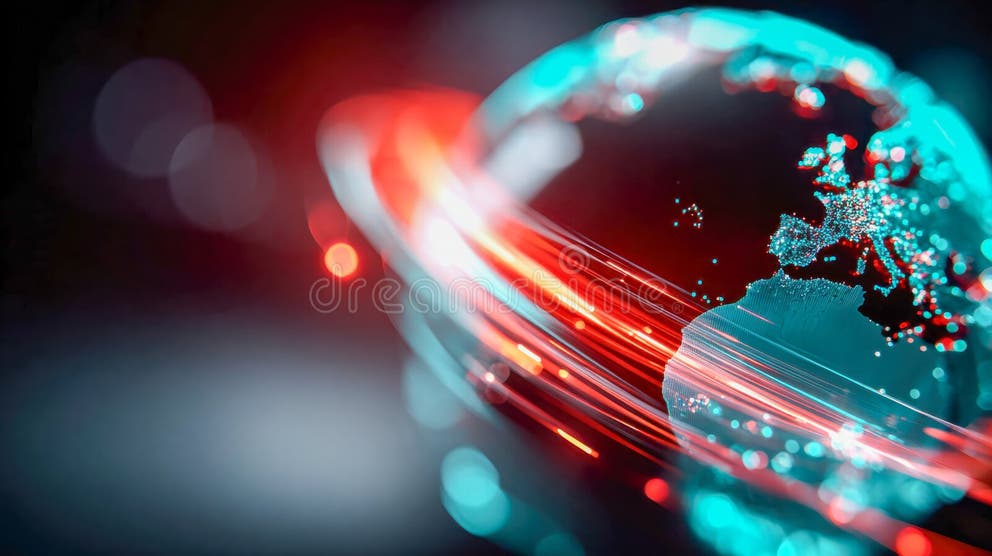 Vibrant Digital Light Trails Encircle a Glowing 3D Globe of Earth Stock ...