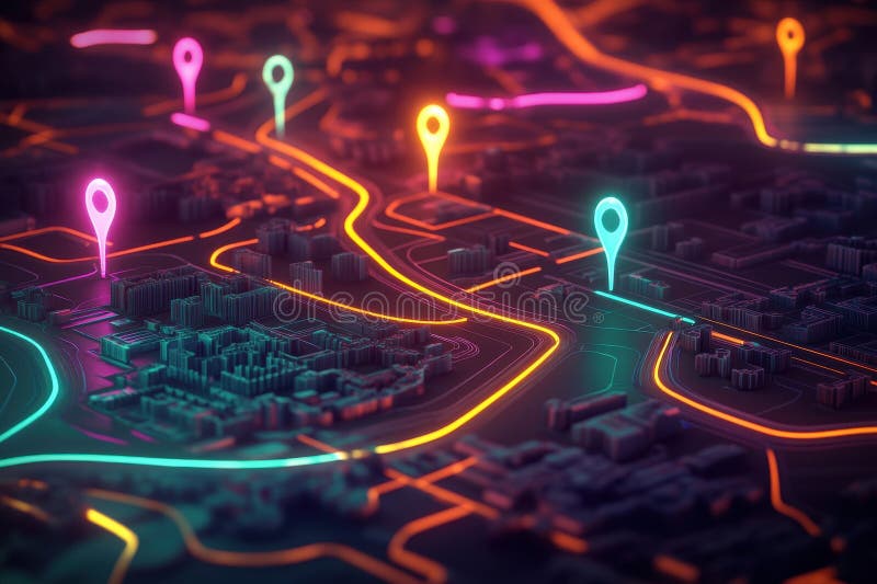 A Vibrant, Digital Map with Location Markers and Illuminated Pathways ...