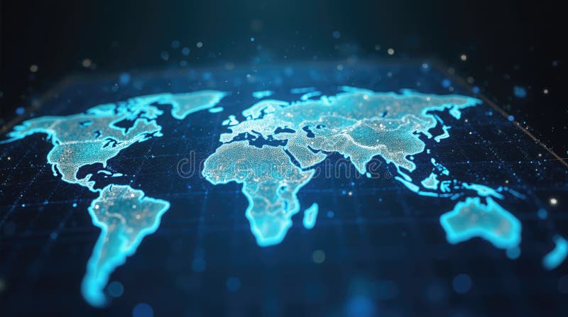 A Vibrant Digital Map of the World Shines in Blue Tones Against a Dark ...