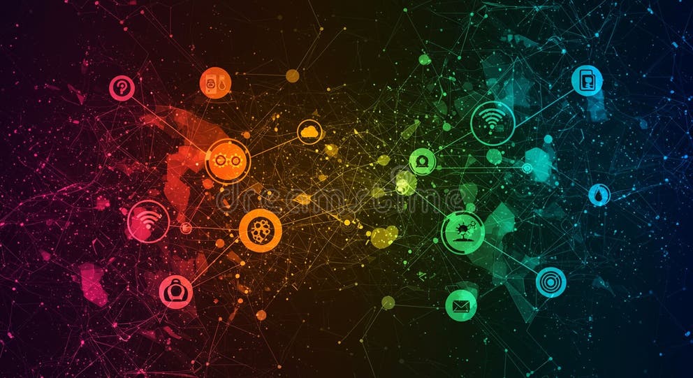 A Vibrant Digital Network Visualization Features Interconnected Icons ...