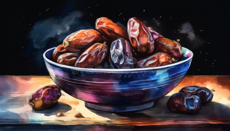 Vibrant Digital Painting of Dates in a Bowl with a Cosmic Backdrop ...