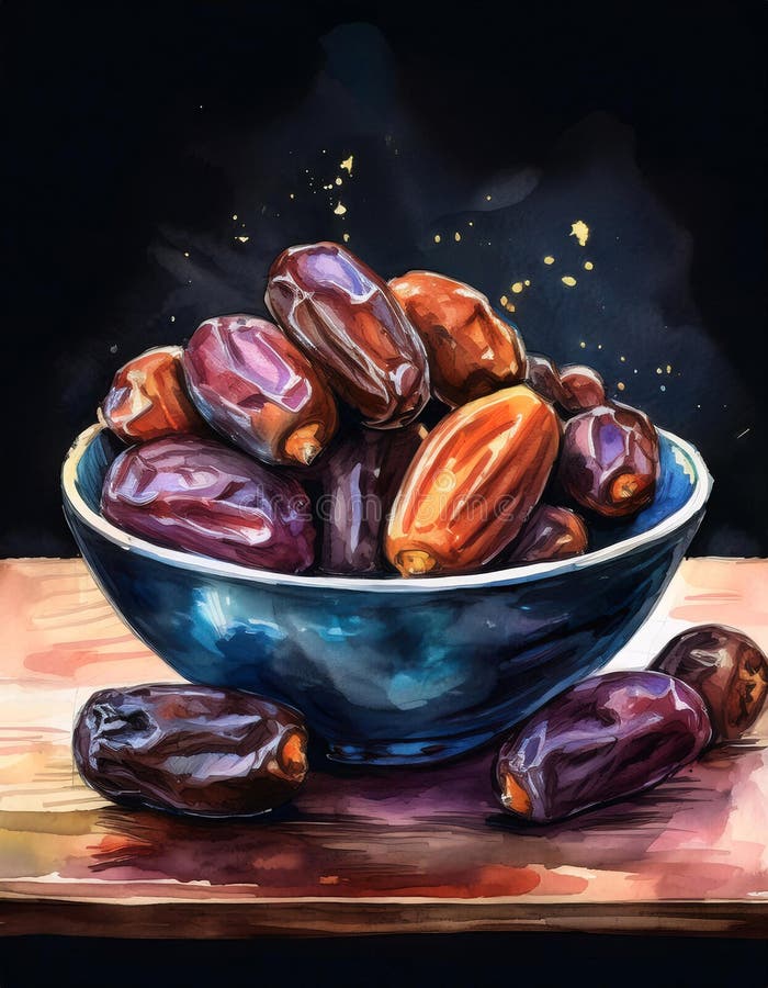 Vibrant Digital Painting of Dates in a Bowl with a Cosmic Backdrop ...