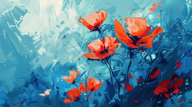 Vibrant Digital Poppy Flowers on Abstract Blue Background Stock Photo ...