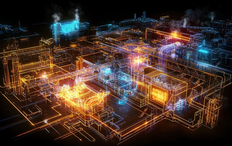 A Vibrant Digital Representation of an Industrial Complex Illuminated ...