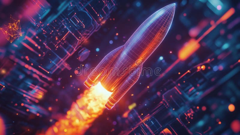 Vibrant Digital Rocket Launch in a Futuristic Cityscape with Glowing ...