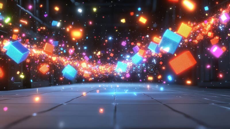 Glowing Neon Cubes and Confetti Exploding in Dark Space Futuristic ...