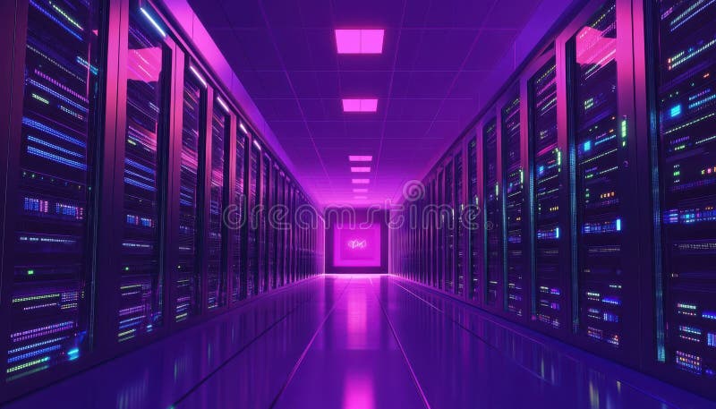 A Vibrant Digital Server Center with Racks of Servers Illuminated in ...