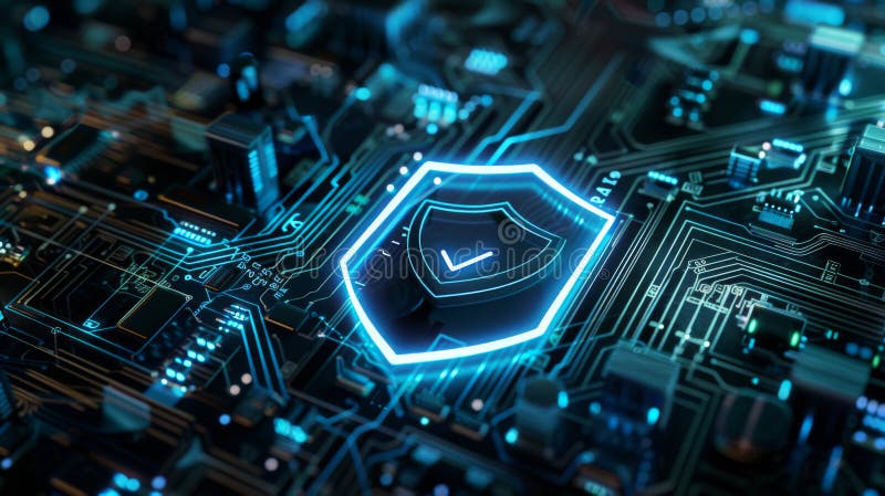 Vibrant Digital Shield Symbol on a Circuit Board, Illustrating the Concept of Cybersecurity and ...