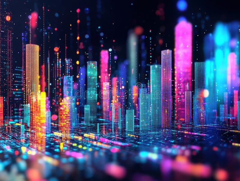 A Vibrant Digital Skyline Showcasing Colorful Skyscrapers and Data ...