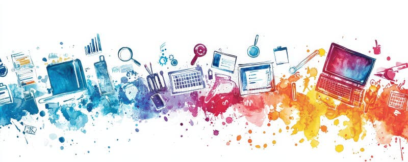 Vibrant Digital Technology Artwork Featuring Computer Icons Charts and ...