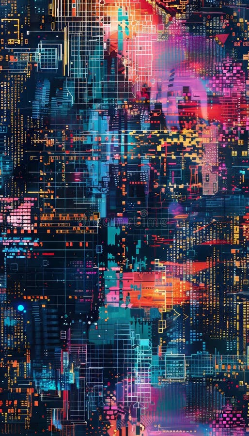 Vibrant Digital Textures and Intricate Code Create a Seamless Pattern ...
