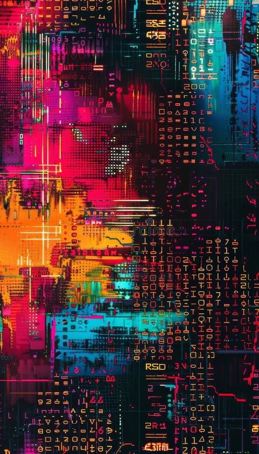 Vibrant Digital Textures and Intricate Code Create a Seamless Pattern ...