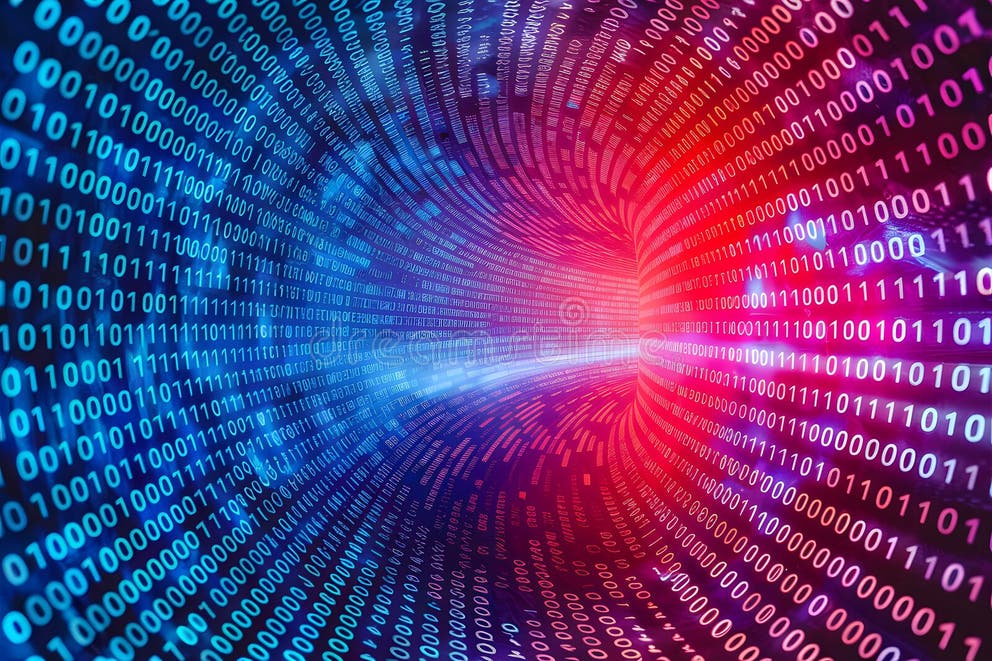 Vibrant Digital Tunnel with Binary Code, Representing Rapid Data Transmission in Technology ...
