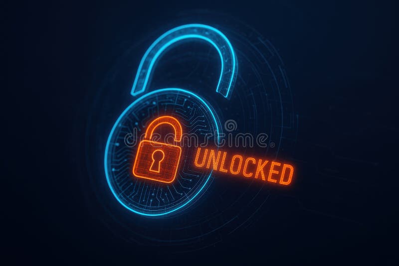 Digital Unlock Icon with Neon Glow and Circuit Pattern on a Dark ...
