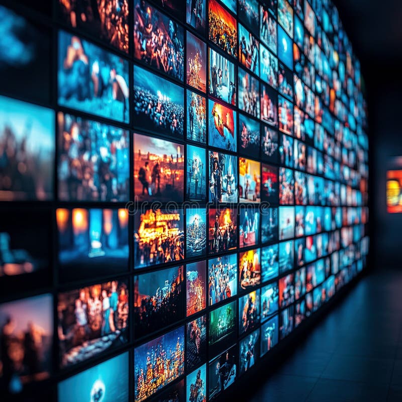 Vibrant Digital Wall Display in a Dark Room. Stock Illustration ...