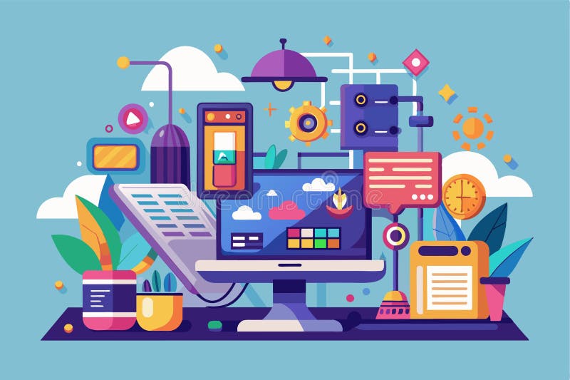 A Vibrant Digital Workspace is Displayed Featuring a Computer, Tools ...