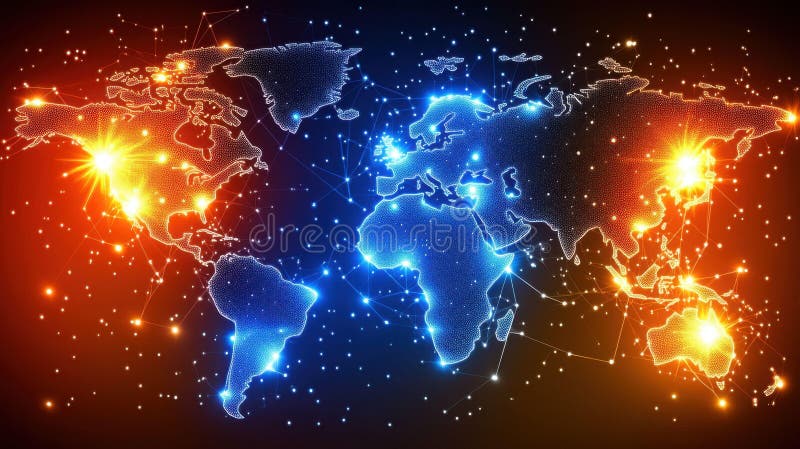 Vibrant Digital World Map with Glowing Network Connections and Data ...