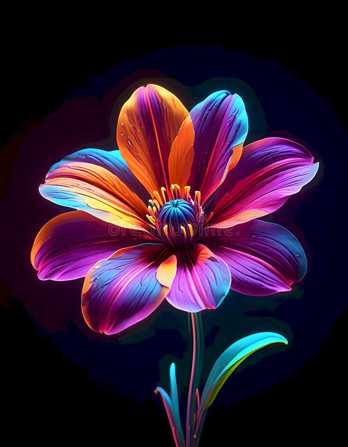 Vibrant, Digitally Enhanced Flower with Neon Colors Against a Black ...