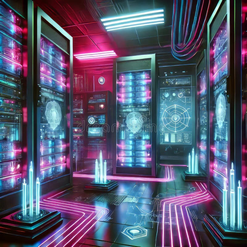 Futuristic Server Room with Neon Lighting and Digital Overlay Stock ...