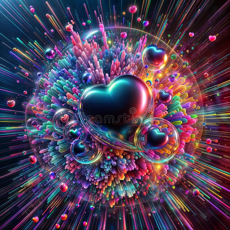 Reflective Heart with Neon Explosion and Cosmic Cityscape Background ...