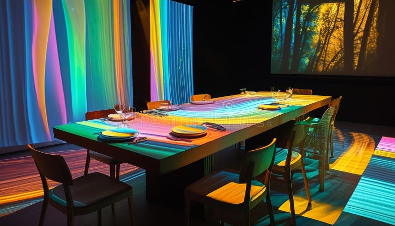 A Vibrant Dining Table Setup with Colorful Light Patterns in a Modern ...