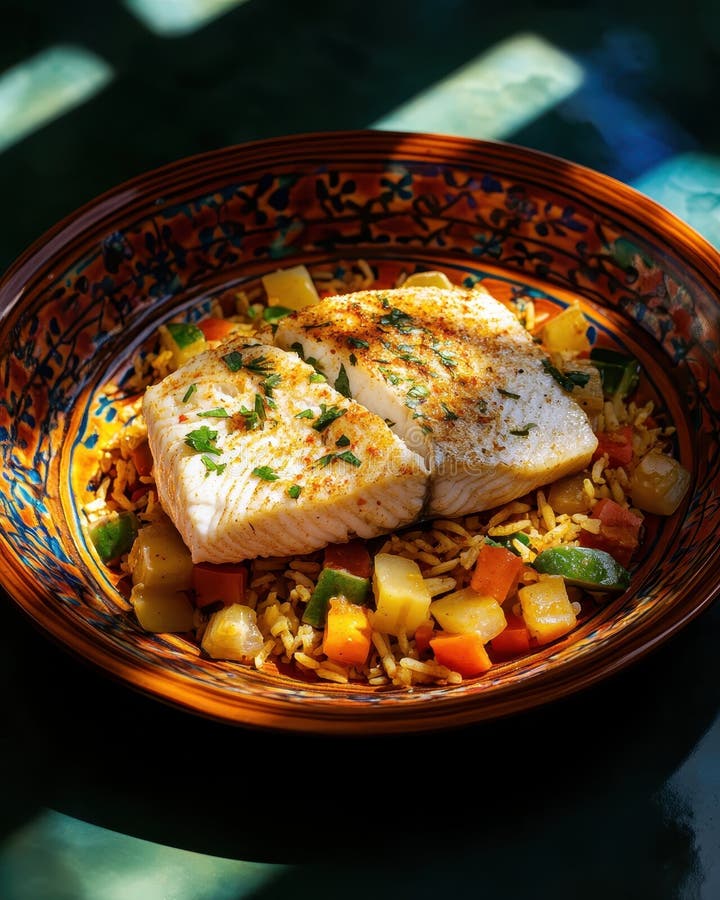 A Vibrant Dish Featuring Grilled Fish on a Bed of Colorful Rice and ...