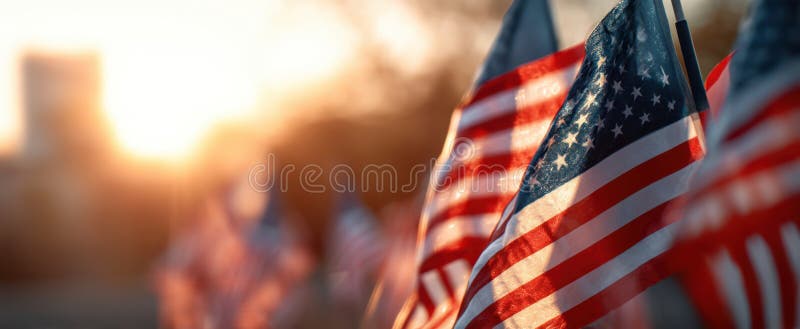 The Vibrant Display of American Flags at Sunset Celebrating Freedom and ...
