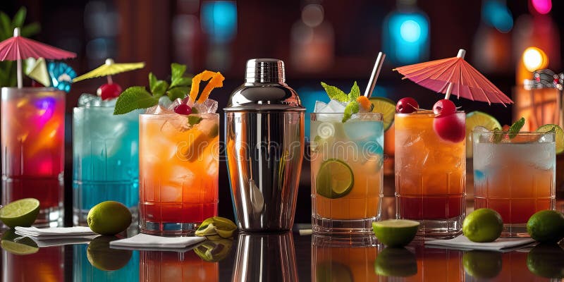 A Vibrant Display of Assorted Cocktails Arranged on a Reflective Bar ...