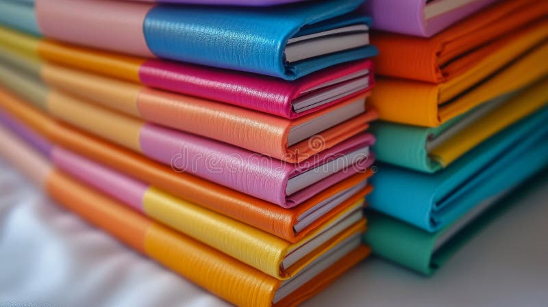 Brightly Colored Notebooks Stacked in a Balanced Arrangement on a Plain ...