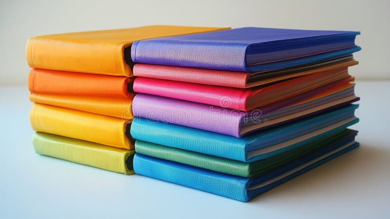 Brightly Colored Notebooks Stacked in a Balanced Arrangement on a Plain ...