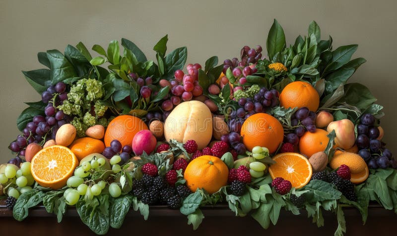Vibrant Display Assorted Fruits Including Oranges Grapes Berries Table ...