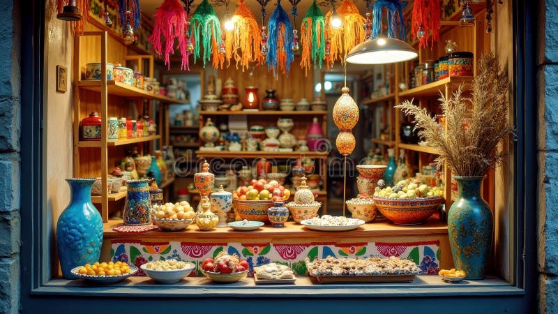 Vibrant Display of Assorted Traditional Ceramics and Fruits in Cozy ...