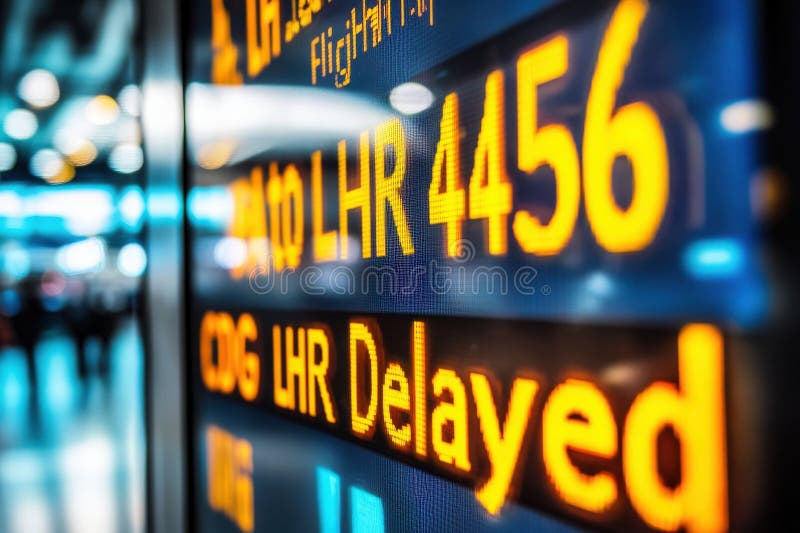 Close-up of a Flight Information Display Showing a Delayed Departure at ...