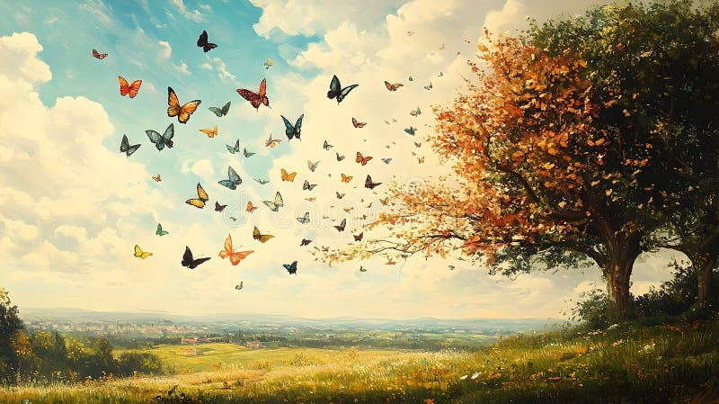 A Vibrant Display of Butterflies Emerging from a Changing Tree Stock ...