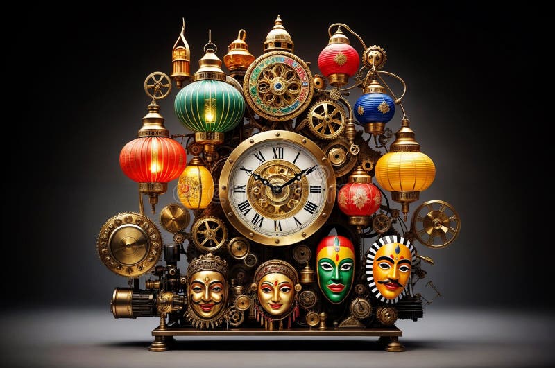 Vibrant Display of a Clock with Colorful Chinese Lanterns and Other ...