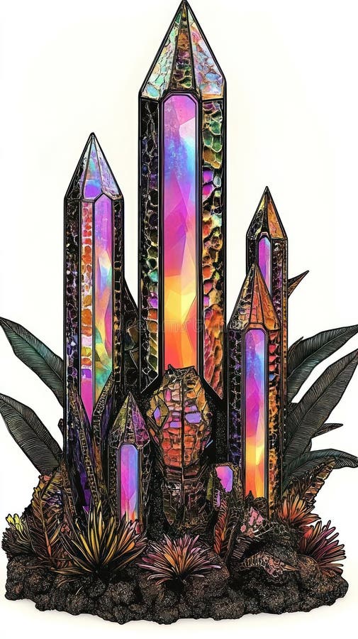 A Vibrant Display of Colorful Crystals Surrounded by Leafy Plants Stock ...