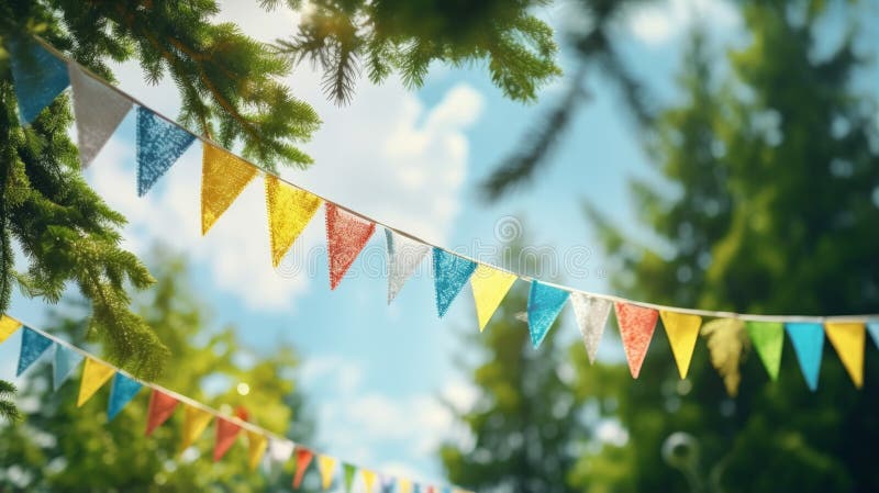 A Vibrant Display of Colorful Flags Hanging from a Tree Stock ...