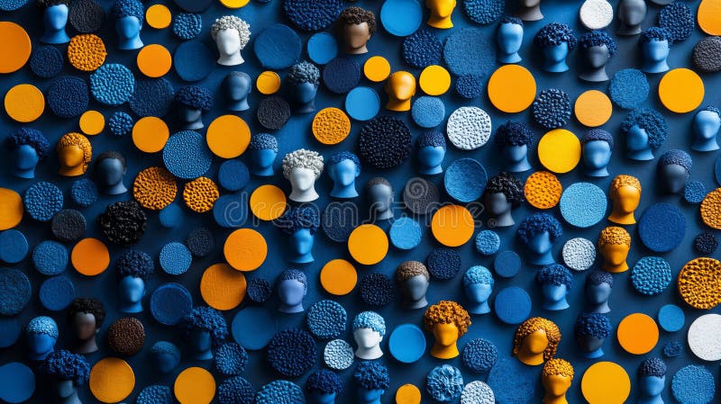 Vibrant Display of Diverse Head Sculptures and Colorful Circular Shapes ...