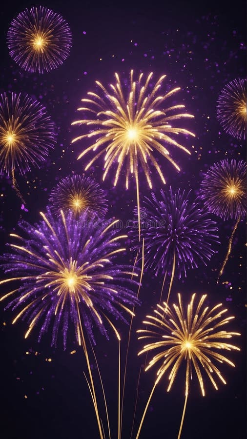 Golden and Violet Fireworks Illuminate the Night Sky during New Year S ...
